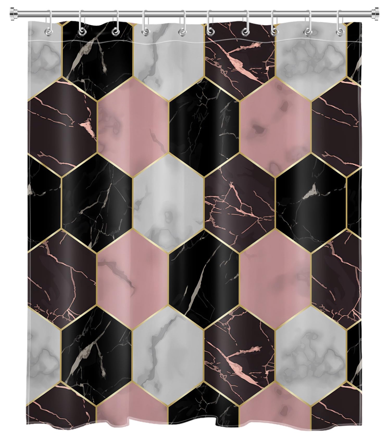 LB Pink and Black Geometric Marble Shower Curtain for Bathroom, Black and Gold Hexagon Pattern Pink and Grey Fabric Shower Curtain with Hooks, Modern Abstract Bathroom Curtain Shower Set, 60"W x 72"L