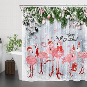 HVEST Christmas Shower Curtain for Bathroom, Pink Flamingo and Pine Branch on Rustic Wood Boards Shower Curtain with Hooks, Winter Snowflake Bathroom Curtains Shower Set Holiday Decor, 72X72 inch