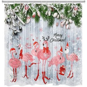 HVEST Christmas Shower Curtain for Bathroom, Pink Flamingo and Pine Branch on Rustic Wood Boards Shower Curtain with Hooks, Winter Snowflake Bathroom Curtains Shower Set Holiday Decor, 72X72 inch