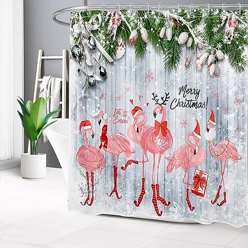 HVEST Christmas Shower Curtain for Bathroom, Pink Flamingo and Pine Branch on Rustic Wood Boards Shower Curtain with Hooks, Winter Snowflake Bathroom Curtains Shower Set Holiday Decor, 72X72 inch