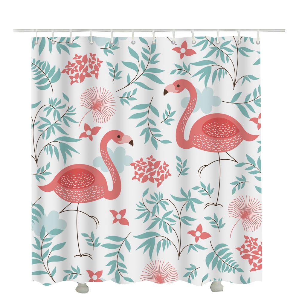 AOYEGO Pink Flamingos Shower Curtain Exotic Bird Floral Tropical Green Leaf Plant Long Bathroom Curtains 72x84 Inch with Hooks Polyester Fabric Curtain for Bathtub