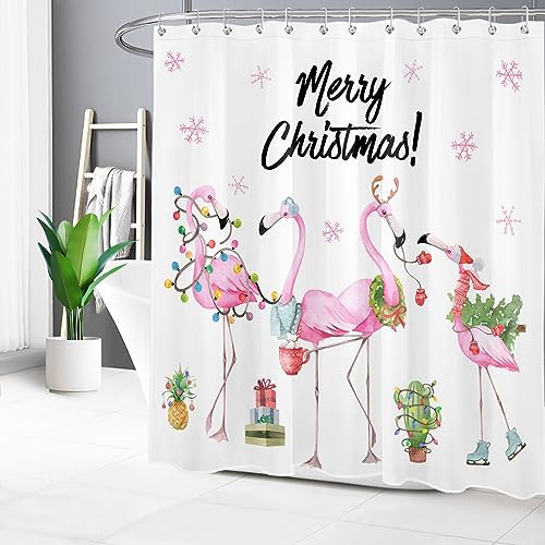 WEENEO Merry Christmas Shower Curtain Funny Pink Flamingo and Cactus Plant with Xmas Decorations on White Shower Curtain for Bathroom Winter Holiday Fabric Bath Curtain with 12pcs Hooks,78x72 Inch