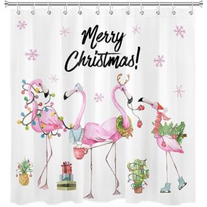 WEENEO Merry Christmas Shower Curtain Funny Pink Flamingo and Cactus Plant with Xmas Decorations on White Shower Curtain for Bathroom Winter Holiday Fabric Bath Curtain with 12pcs Hooks,78x72 Inch