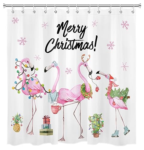 WEENEO Merry Christmas Shower Curtain Funny Pink Flamingo and Cactus Plant with Xmas Decorations on White Shower Curtain for Bathroom Winter Holiday Fabric Bath Curtain with 12pcs Hooks,78x72 Inch