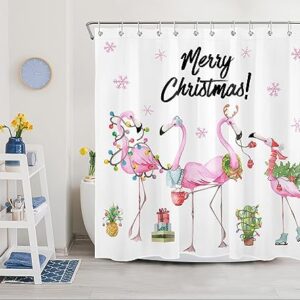 WEENEO Merry Christmas Shower Curtain Funny Pink Flamingo and Cactus Plant with Xmas Decorations on White Shower Curtain for Bathroom Winter Holiday Fabric Bath Curtain with 12pcs Hooks,78x72 Inch