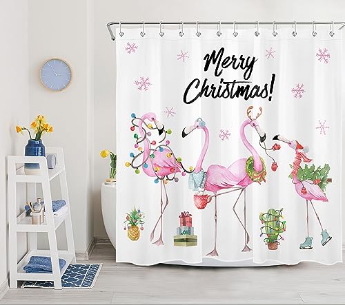 WEENEO Merry Christmas Shower Curtain Funny Pink Flamingo and Cactus Plant with Xmas Decorations on White Shower Curtain for Bathroom Winter Holiday Fabric Bath Curtain with 12pcs Hooks,78x72 Inch