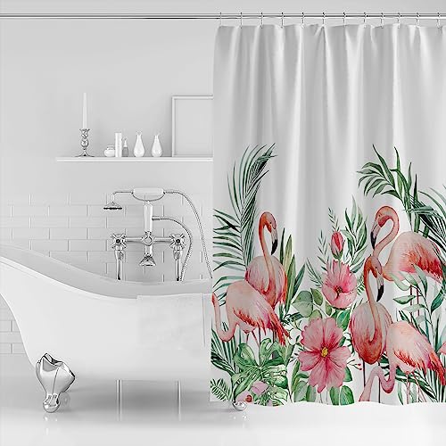 Polyester Fabric Red Pink Flamingo Shower Curtain, Tropical Plants Summer Botancial Palm Leaves, Waterproof Bathtub Curtain Bathroom Decor Set with Hooks 72 x 72 Inches,