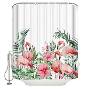 Polyester Fabric Red Pink Flamingo Shower Curtain, Tropical Plants Summer Botancial Palm Leaves, Waterproof Bathtub Curtain Bathroom Decor Set with Hooks 72 x 72 Inches,