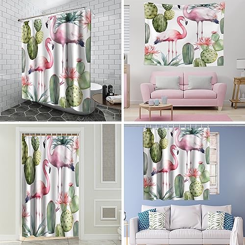 TheBlackSpot Tropical Cactus Flamingo Shower Curtain Sets Succulent Pink Flowers Plant Green Leaf Bath Curtains Christmas Decor Sets Grommet with Hooks 72W × 72H inches