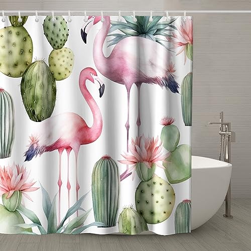 TheBlackSpot Tropical Cactus Flamingo Shower Curtain Sets Succulent Pink Flowers Plant Green Leaf Bath Curtains Christmas Decor Sets Grommet with Hooks 72W × 72H inches