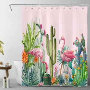 eobtain green cactus shower curtain flamingo and western succulent plant with flower on pink shower curtain for bathroom tropical jungle polyester fabric bath curtain with 10 hooks 72x60 inches