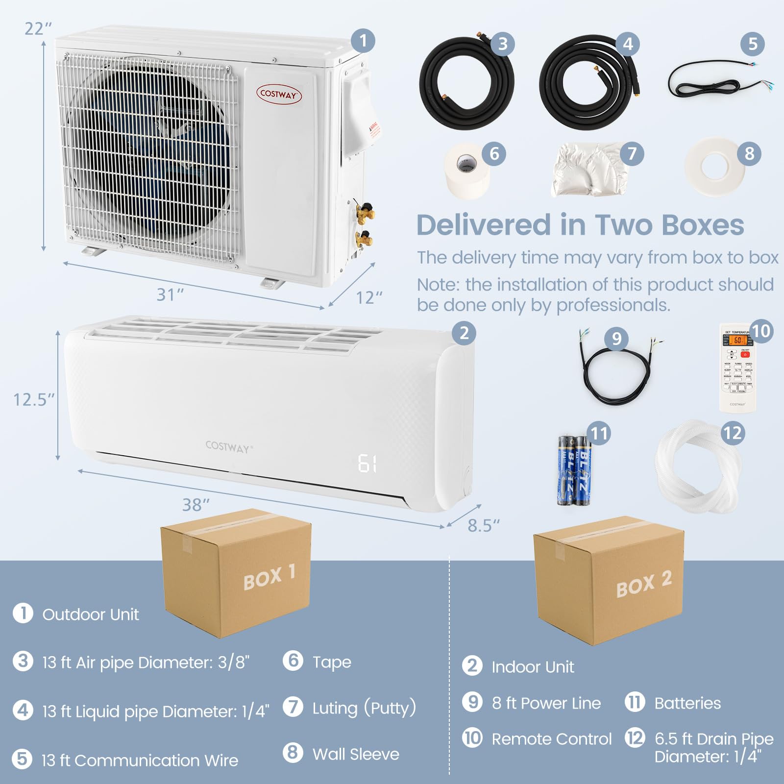 COSTWAY 18,000 BTU Mini Split Air Conditioner, with Heat Pump, 21 SEER2 Inverter Split AC Unit with 24H Timer, Auto Clean, Remote Control & Installation Kit for (18000BTU, 208-230V, 21 SEER2)