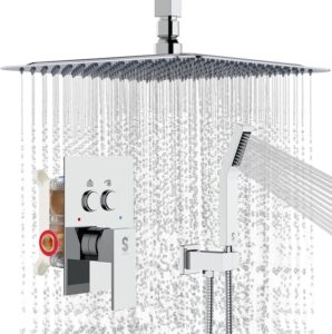 sr sun rise ceiling mounted shower system with push button diverter, luxury 12 inch rain shower head with handheld spray, high pressure shower faucet combo set with rough-in valve, polished chrome