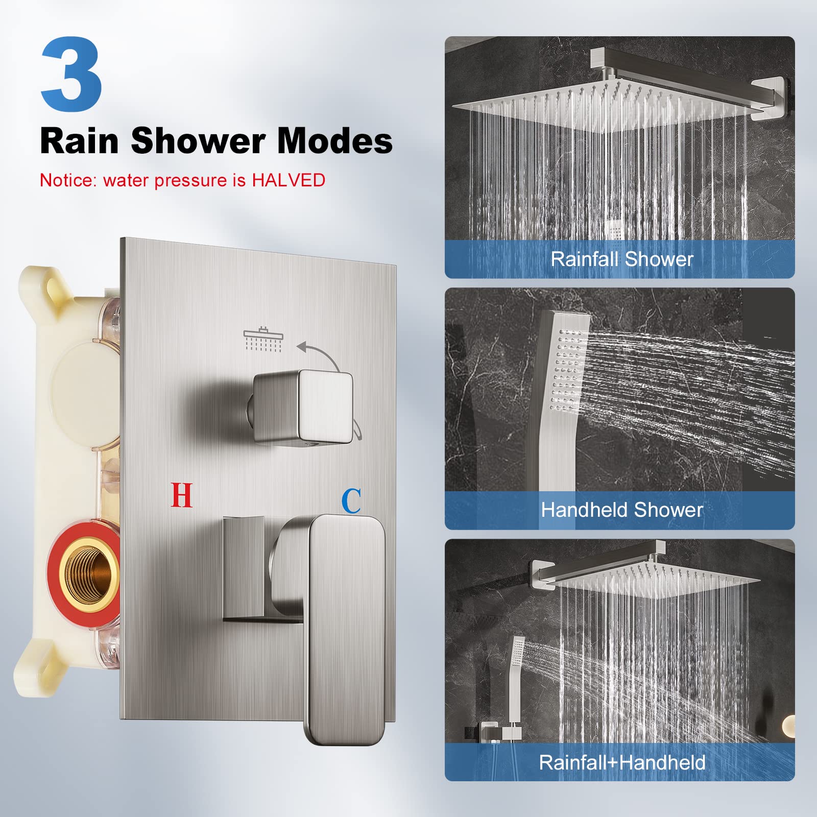 Shower System, HotQing 12 Inche Bathroom Luxury Rain Mixer Shower Combo Set Wall Mounted Square Rainfall Shower Head System Shower Faucet Fixture Combo Rough-in Valve Body and Trim Brushed Nickel