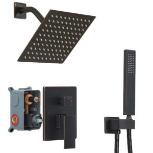 heable oil rubbed bronze shower system with 8'' rainfall shower head, handheld shower head, bathroom luxury rain mixer shower combo set wall mounted shower faucet rough-in valve and trim kit