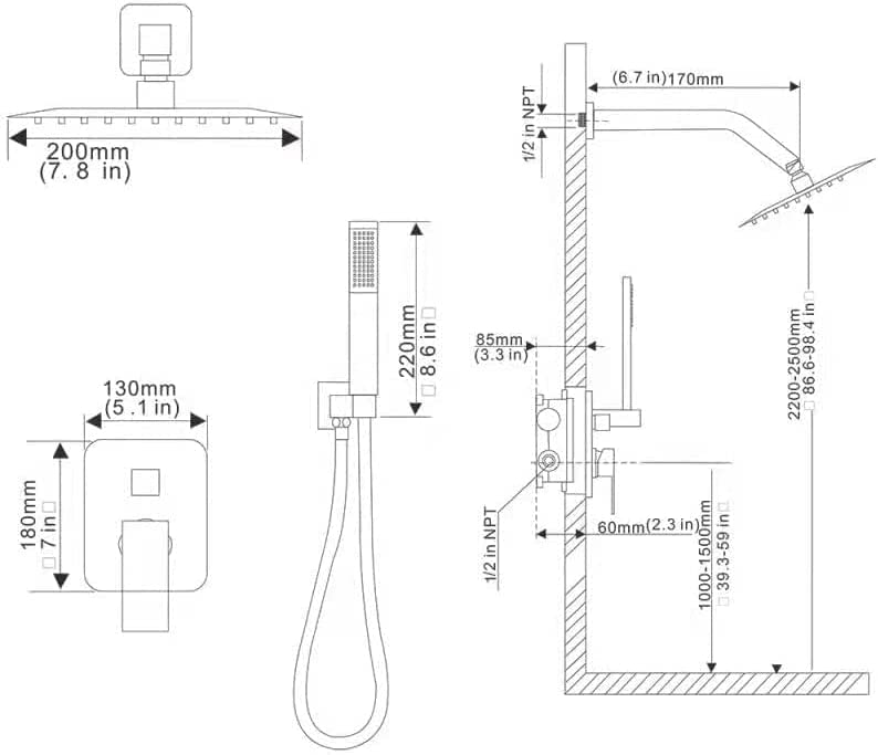 Heable Oil Rubbed Bronze Shower System with 8'' Rainfall Shower Head, Handheld Shower head, Bathroom Luxury Rain Mixer Shower Combo Set Wall Mounted Shower Faucet Rough-in Valve and Trim Kit