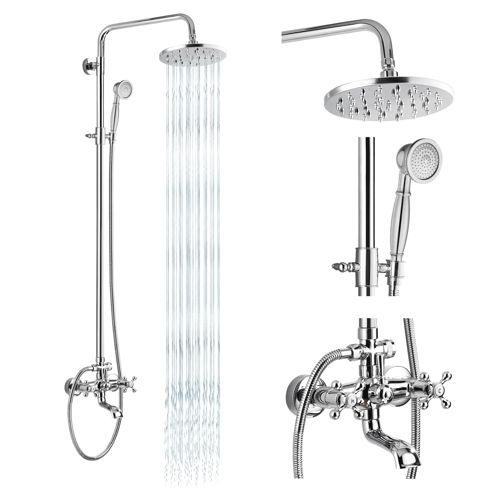 gotonovo Exposed Shower Faucet Set 8 Inch Rainfall Showerhead 3-Function Shower Fixture with Tub Spout 2 Corss Handles Shower System Polish Chrome