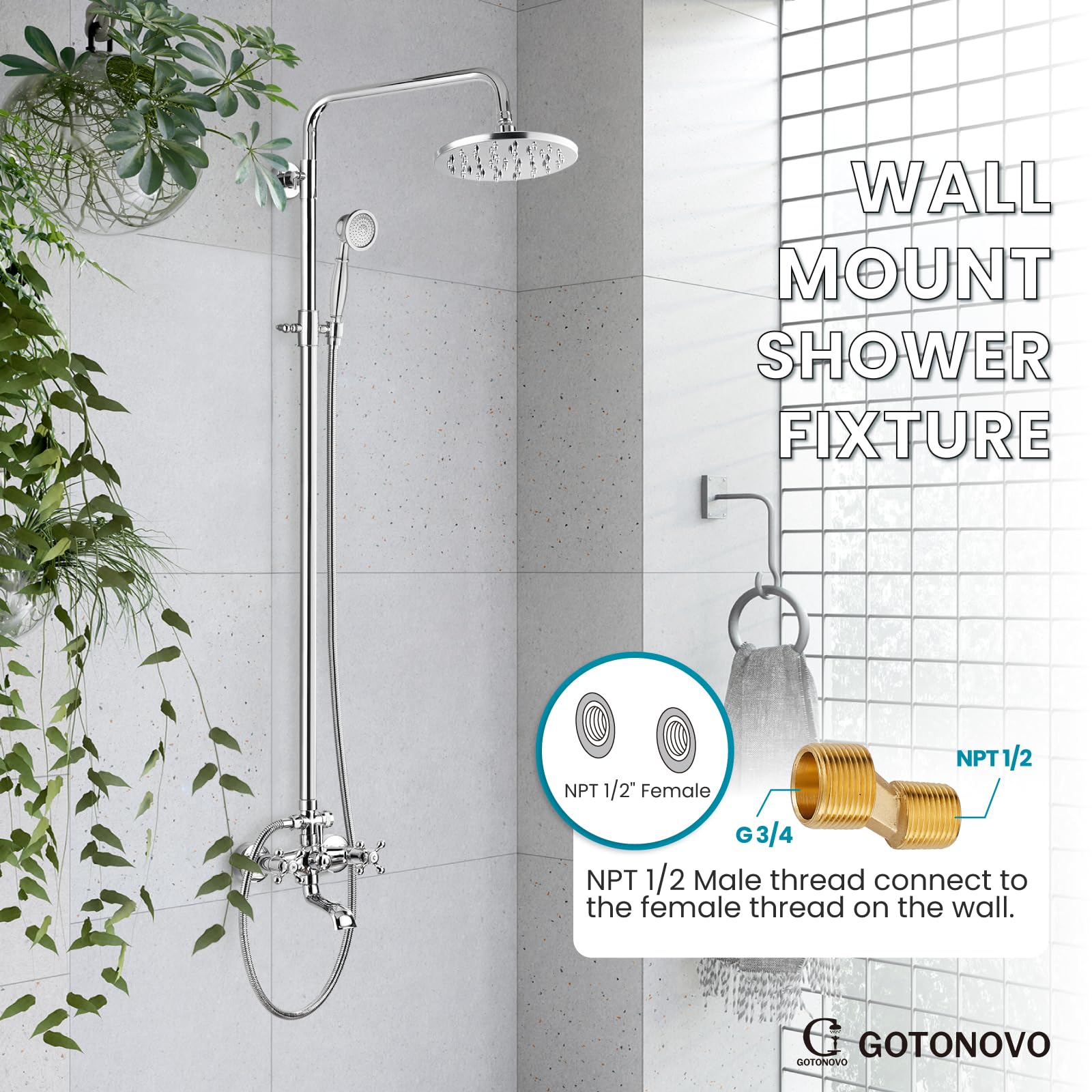 gotonovo Exposed Shower Faucet Set 8 Inch Rainfall Showerhead 3-Function Shower Fixture with Tub Spout 2 Corss Handles Shower System Polish Chrome