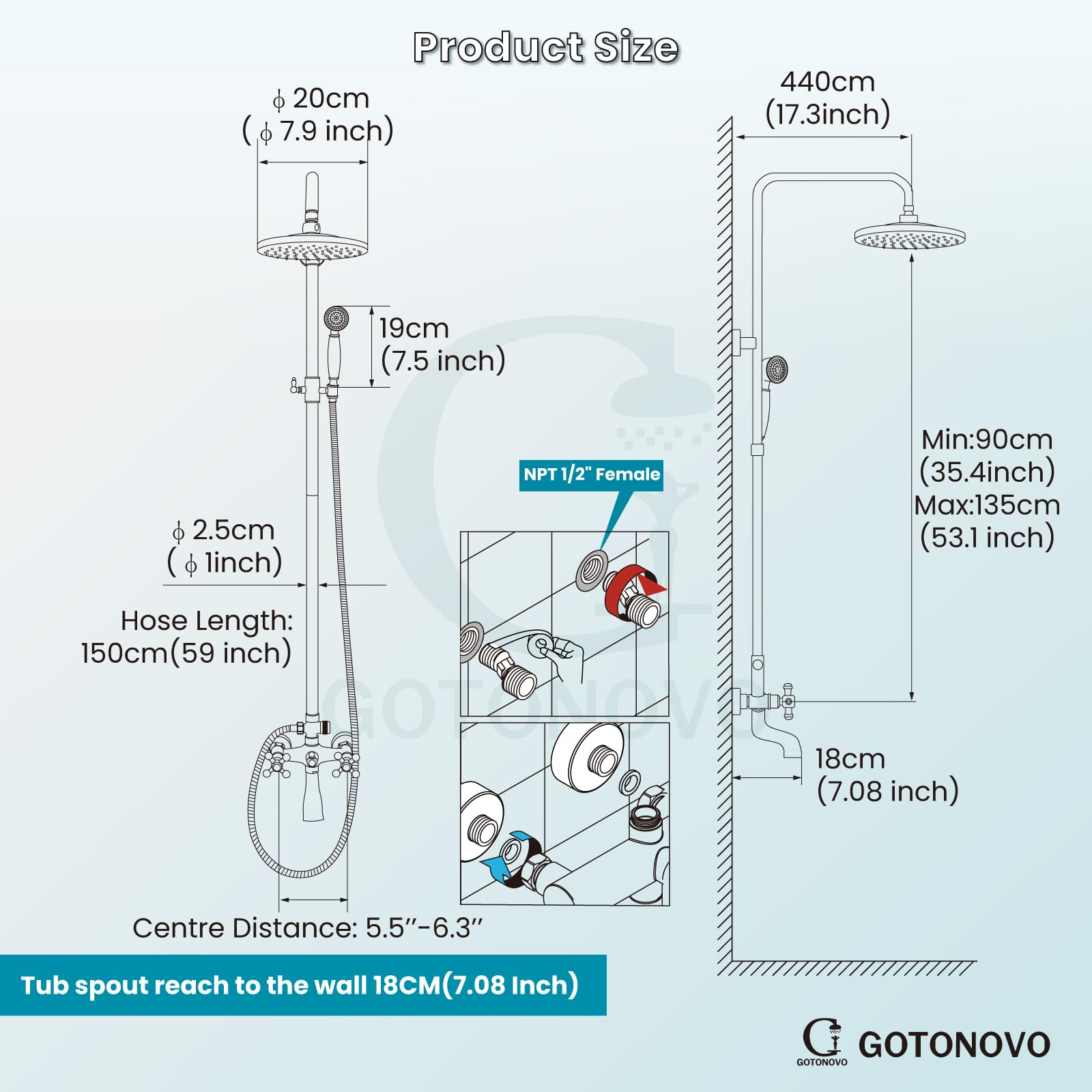 gotonovo Exposed Shower Faucet Set 8 Inch Rainfall Showerhead 3-Function Shower Fixture with Tub Spout 2 Corss Handles Shower System Polish Chrome