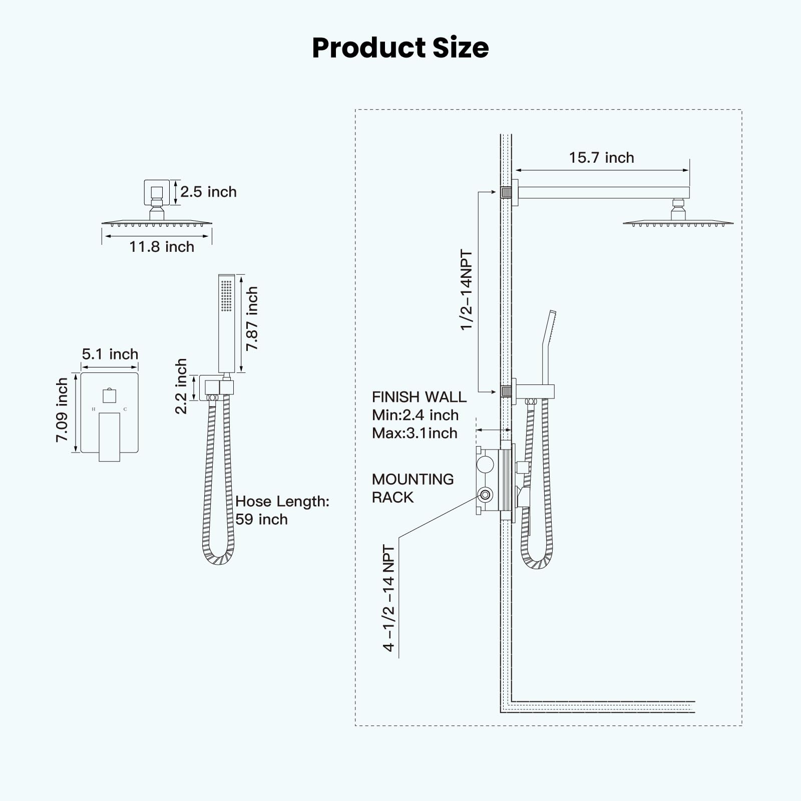 gotonovo Rainfall Bathroom Shower System Rain Shower Head and Handle Set Wall Mounted Shower Complete Combo Solid Brass Pressure Balancing Shower Mixer Valve 12 Inch Polished Chrome