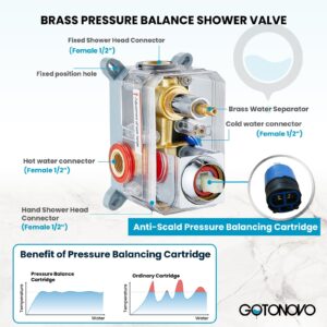 gotonovo Rainfall Bathroom Shower System Rain Shower Head and Handle Set Wall Mounted Shower Complete Combo Solid Brass Pressure Balancing Shower Mixer Valve 12 Inch Polished Chrome