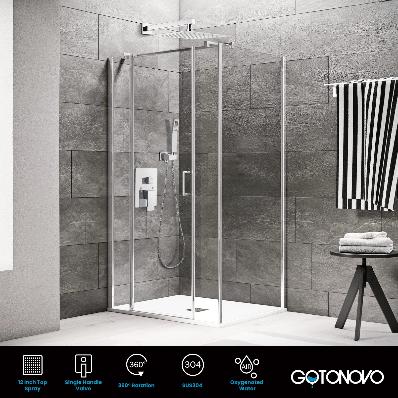 gotonovo Rainfall Bathroom Shower System Rain Shower Head and Handle Set Wall Mounted Shower Complete Combo Solid Brass Pressure Balancing Shower Mixer Valve 12 Inch Polished Chrome