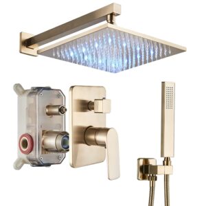 saeuwtowy brushed gold rain shower system with 12 inch led shower head and brass handheld with brass valve and trim kit shower faucets sets complete