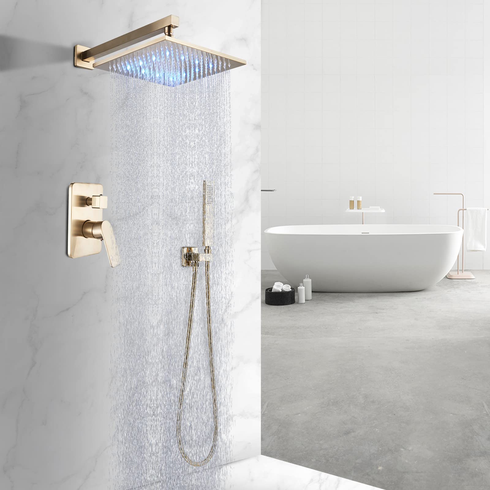 Saeuwtowy Brushed Gold Rain Shower System with 12 Inch LED Shower Head and Brass Handheld with Brass Valve and Trim Kit Shower Faucets Sets Complete