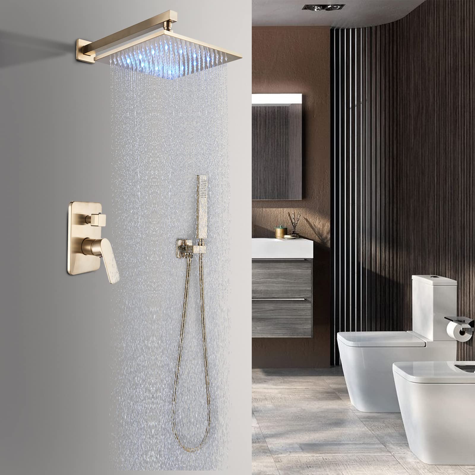 Saeuwtowy Brushed Gold Rain Shower System with 12 Inch LED Shower Head and Brass Handheld with Brass Valve and Trim Kit Shower Faucets Sets Complete