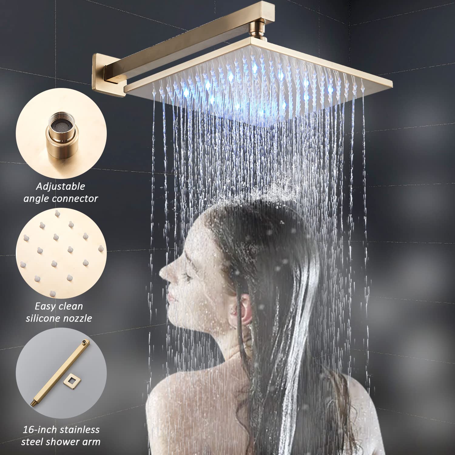 Saeuwtowy Brushed Gold Rain Shower System with 12 Inch LED Shower Head and Brass Handheld with Brass Valve and Trim Kit Shower Faucets Sets Complete