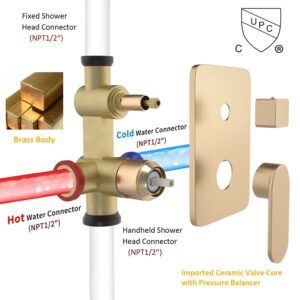 Saeuwtowy Brushed Gold Rain Shower System with 12 Inch LED Shower Head and Brass Handheld with Brass Valve and Trim Kit Shower Faucets Sets Complete