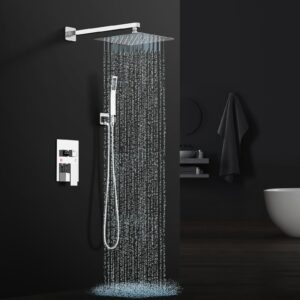 Baetuy Shower Faucet Set Bathroom Square Rain Shower Head and Handle Set, Wall Mounted Shower Fixtures With Shower Valve and Trim Kit 10 inch Polished Chrome