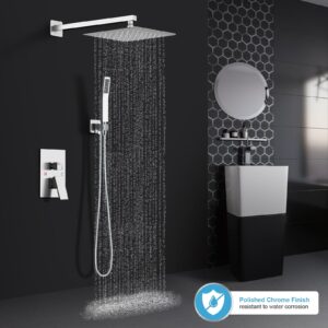 Baetuy Shower Faucet Set Bathroom Square Rain Shower Head and Handle Set, Wall Mounted Shower Fixtures With Shower Valve and Trim Kit 10 inch Polished Chrome