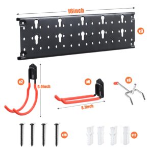 Ultrawall Multi-Storage Garage Hooks, Utility Rack with Multiple Installation Methods, Wall-Mounted Garden Tool Organizer System for Shovels, Rakes, Ladders,17pcs