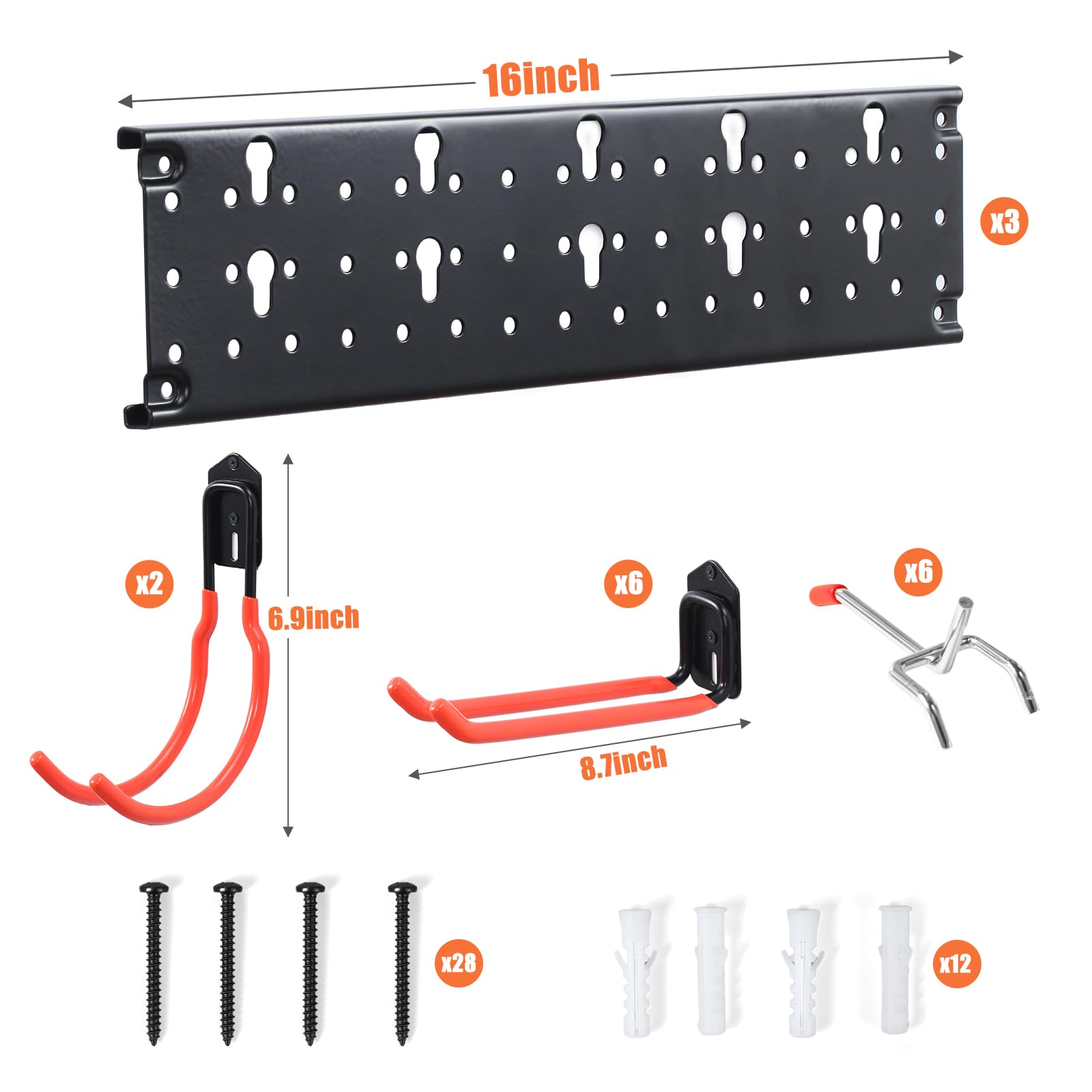 Ultrawall Multi-Storage Garage Hooks, Utility Rack with Multiple Installation Methods, Wall-Mounted Garden Tool Organizer System for Shovels, Rakes, Ladders,17pcs