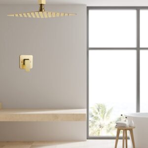 Brushed Gold Ceiling Shower System Shower Faucet GGStudy Bathroom Luxury Rain Mixer Shower Combo Set Rainfall Shower Head System 10 Inch with Valve and Trim