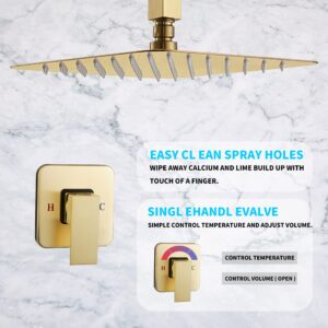 Brushed Gold Ceiling Shower System Shower Faucet GGStudy Bathroom Luxury Rain Mixer Shower Combo Set Rainfall Shower Head System 10 Inch with Valve and Trim