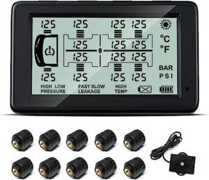 miraidon rv tire pressure monitoring system, trailer tpms with 10 theft sensors, 6 alert modes, solar power tire pressure monitor, 80ft sensing distance, up to 14 tires, for rv, trailers, heavy trucks