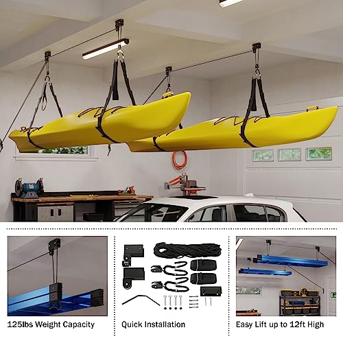 Kayak Storage Hoists 2-Pack - Overhead Pulley Hoist Systems - 125lb Capacity for Canoes, Bikes, and Ladders by RAD Sportz