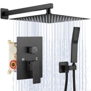 jomeoo 12 inch matte black shower system, wall mounted high pressure rain shower head with handheld sprayer, bathroom luxury black shower head shower faucet set rough in valve body and trim