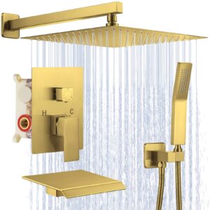 jomeoo 12 inch brushed gold shower head with tub spout, 3 function wall mounted bathtub shower faucet set, bathroom high pressure rain shower head with handheld sprayer rough in valve body and trim