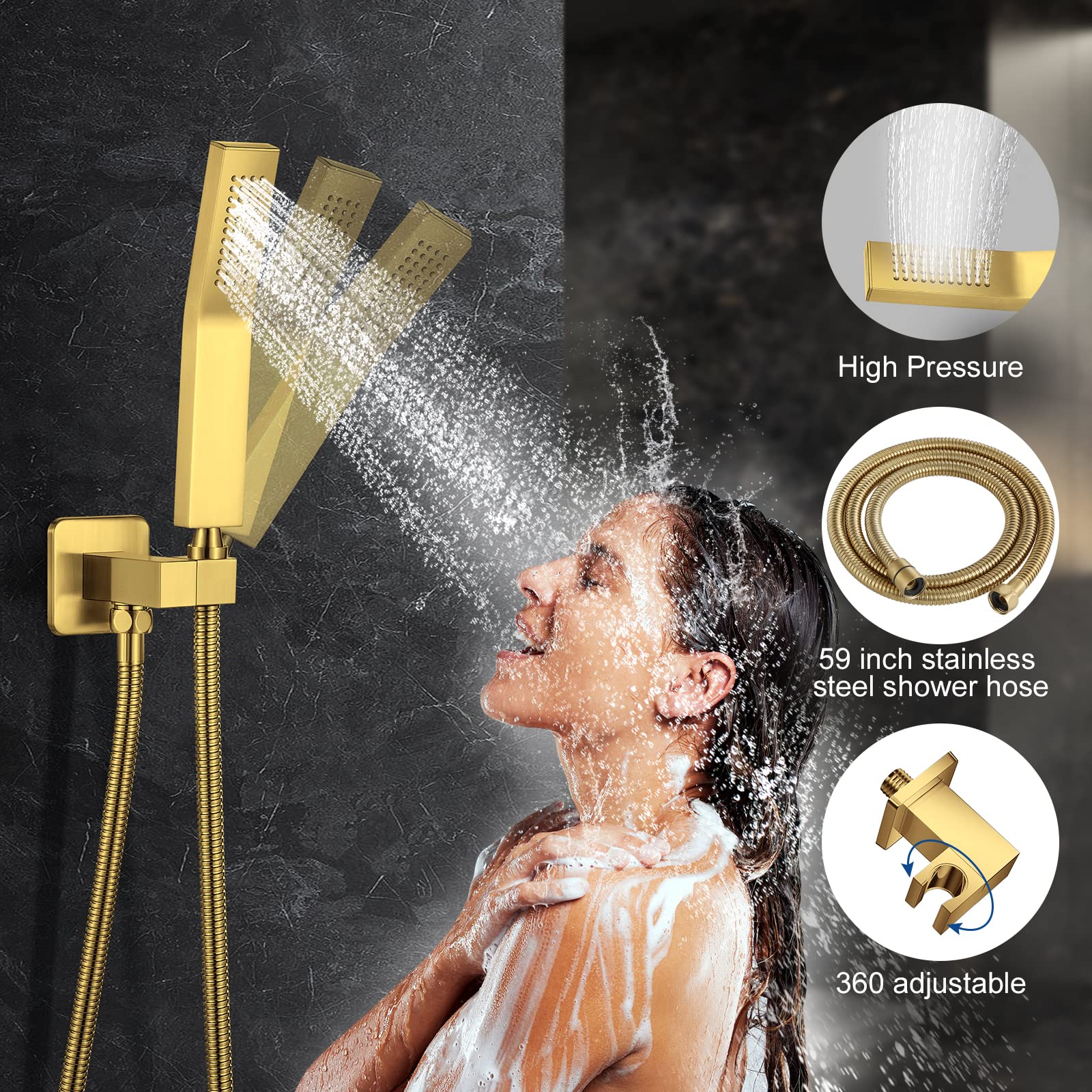 JOMEOO 12 Inch Brushed Gold Shower Head with Tub Spout, 3 Function Wall Mounted Bathtub Shower Faucet Set, Bathroom High Pressure Rain Shower Head with Handheld Sprayer Rough in Valve Body and Trim