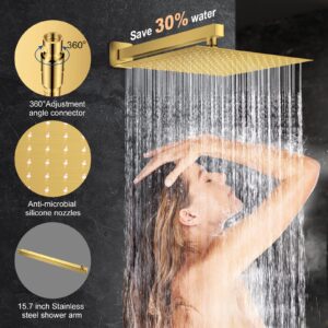 JOMEOO 12 Inch Brushed Gold Shower Head with Tub Spout, 3 Function Wall Mounted Bathtub Shower Faucet Set, Bathroom High Pressure Rain Shower Head with Handheld Sprayer Rough in Valve Body and Trim