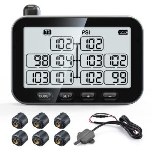 guta trailer tire pressure monitoring system, trailer tpms with 6 sensors, 6 alert modes, signal booster, power saving display, long sensing distance, for 3 trailers (t1/t2/t3), for rv, trailer