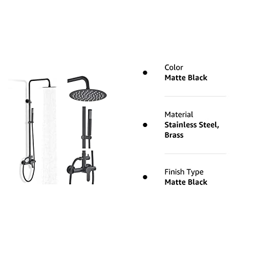 MOSSON Shower System Matte Black Outdoor Shower Faucet Set with 8" Rain Shower Head Handheld Sprayer Single Handle Stainless Steel Wall Mounted Shower Fixtures for Bathroom or Backyard