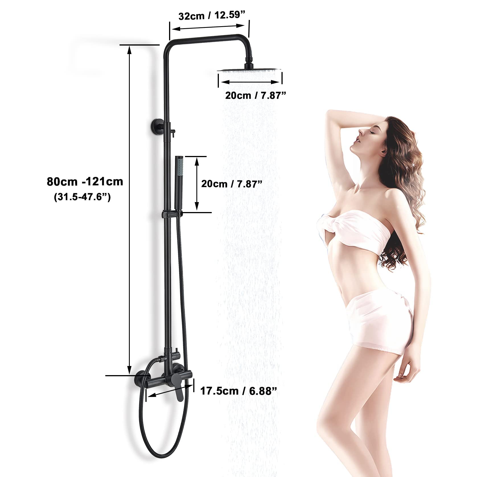 MOSSON Shower System Matte Black Outdoor Shower Faucet Set with 8" Rain Shower Head Handheld Sprayer Single Handle Stainless Steel Wall Mounted Shower Fixtures for Bathroom or Backyard