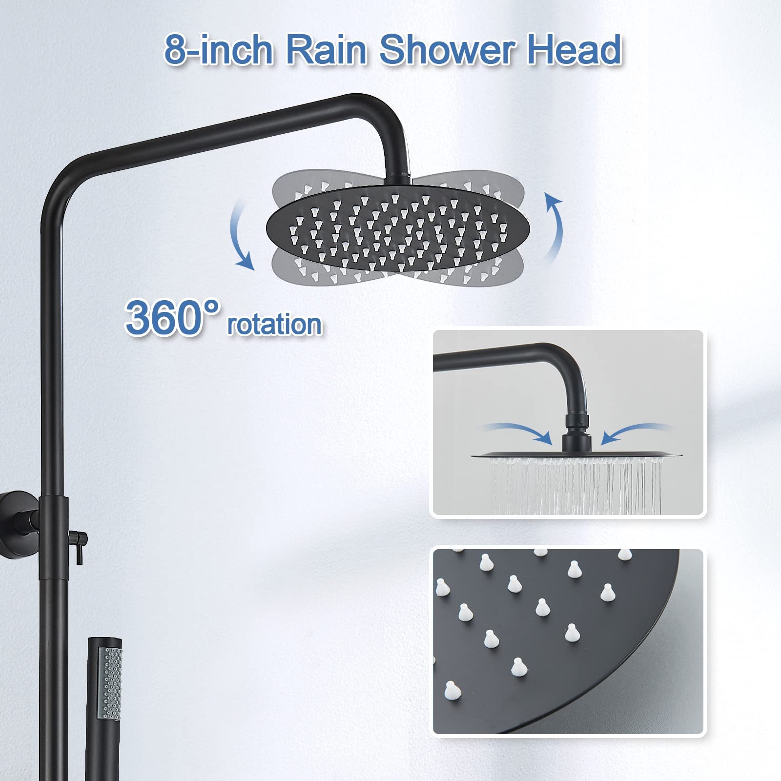 MOSSON Shower System Matte Black Outdoor Shower Faucet Set with 8" Rain Shower Head Handheld Sprayer Single Handle Stainless Steel Wall Mounted Shower Fixtures for Bathroom or Backyard