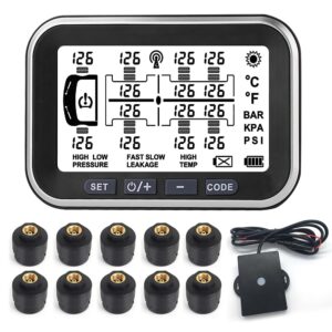 taimster tpms for rv/buses/caravan/motorhome/trailer/travel/trucks, wireless solar tire pressure monitoring system with diy easy installation cap sensors pressure range 0~188 psi (0~13 bar)10 sensors