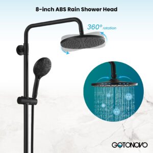 gotonovo Exposed Shower Faucet System 8 Inch Rainfall Shower Head with 8 Function ABS Handheld and Double Cross Handle Wall Mounted Bathroom Luxury Mixer Shower Gourd Faucet Body Matte Black