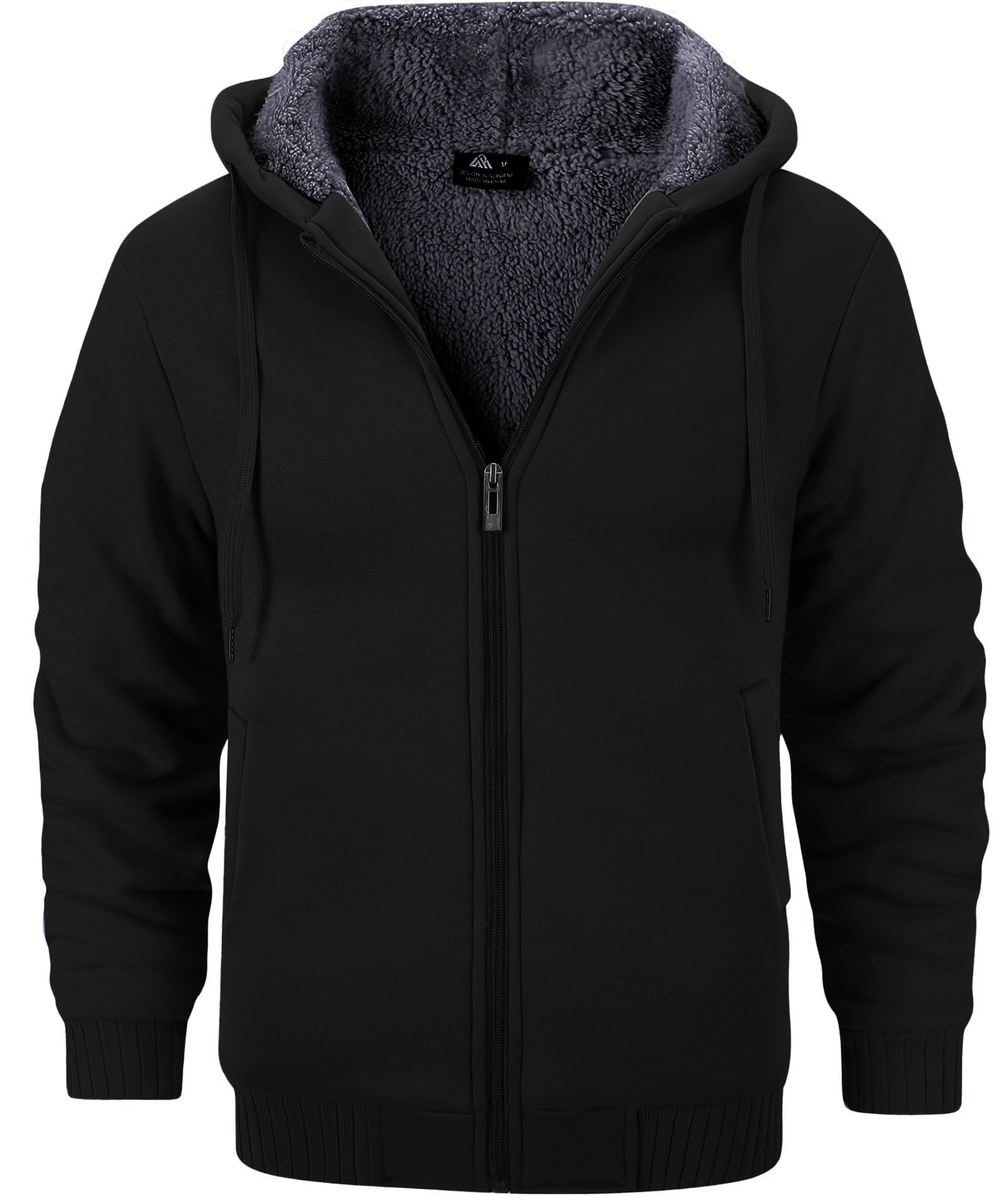 GEEK LIGHTING Hoodies for Men Heavyweight Fleece Sweatshirt - Full Zip Up Thick Sherpa Lined, Pure black L